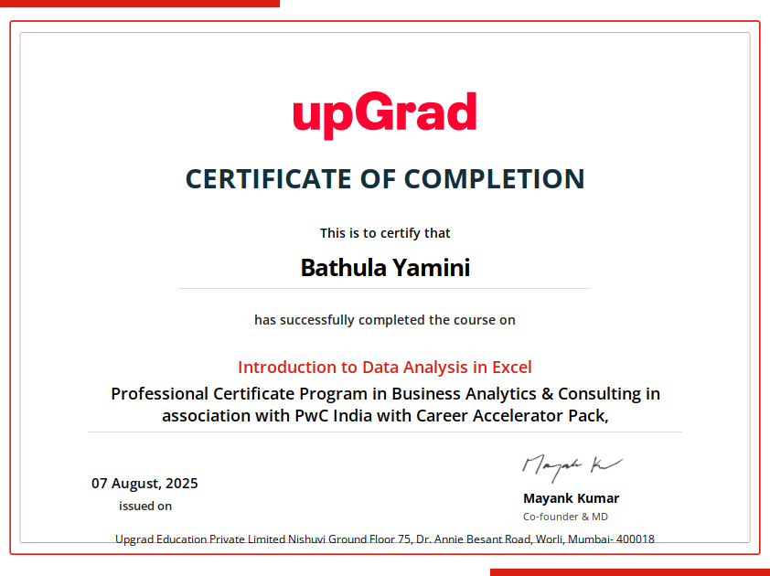 Introduction to Data Analysis in Excel Certificate